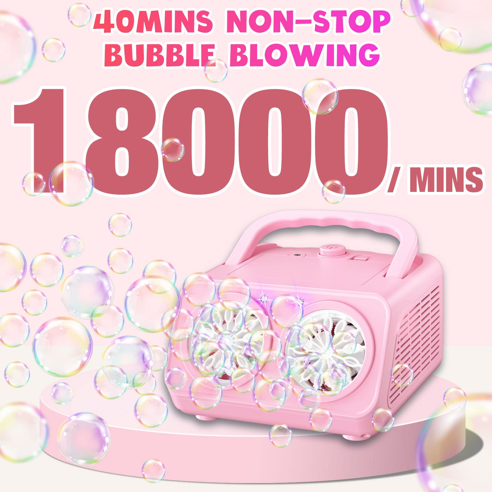 WELL WITHYOU Bubble Machine, Upgraded Durable Bubble Blower | 18000+ Big Bubbles Per Minute for Kids Toddler, with 2 Speed, Plug-in or Battery Powered, for Indoor Outdoor Birthday Parties, Pink