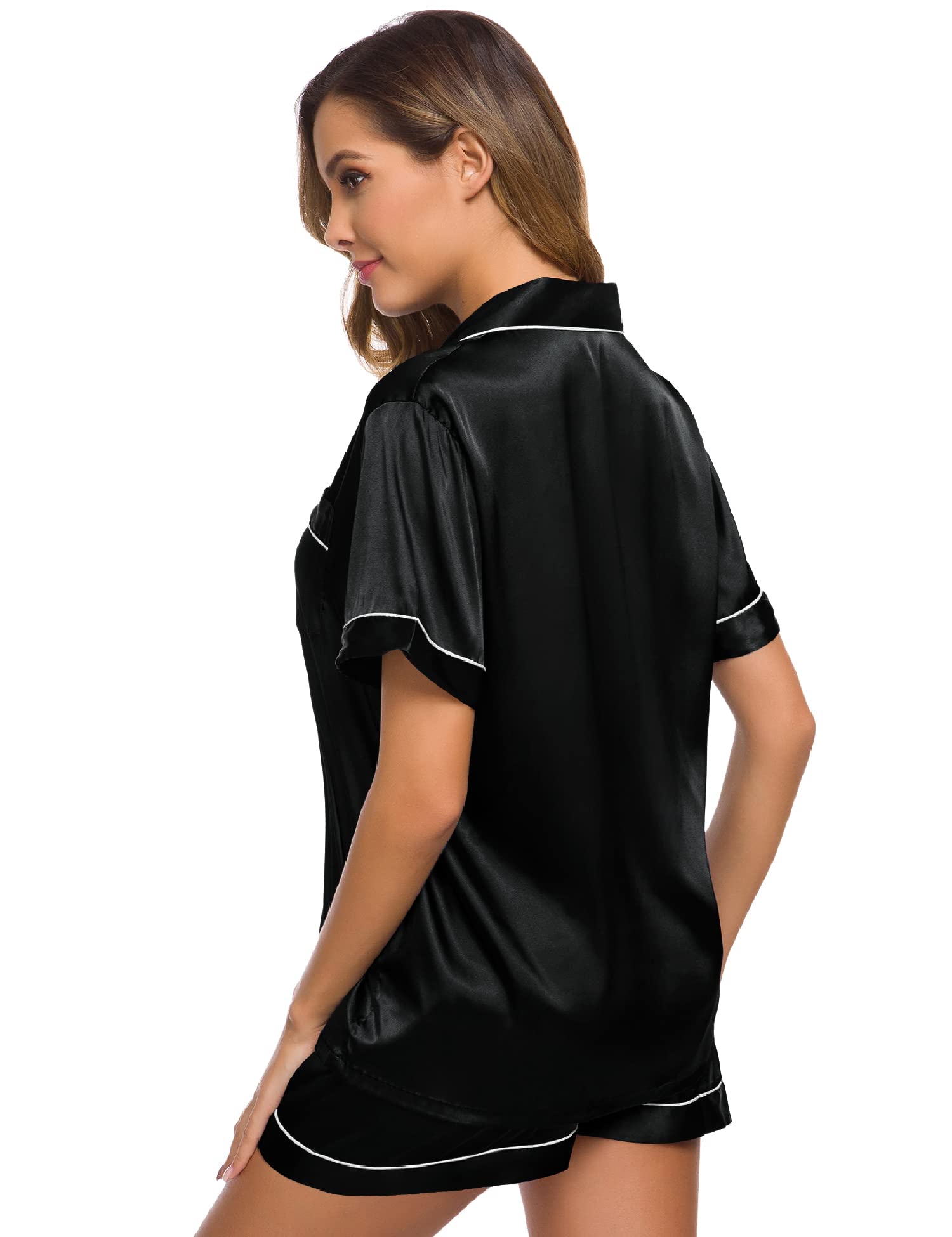 SWOMOG Womens Silk Satin Pajamas Set Two-Piece Pj Sets Sleepwear Loungewear Button-Down Pj Sets Black