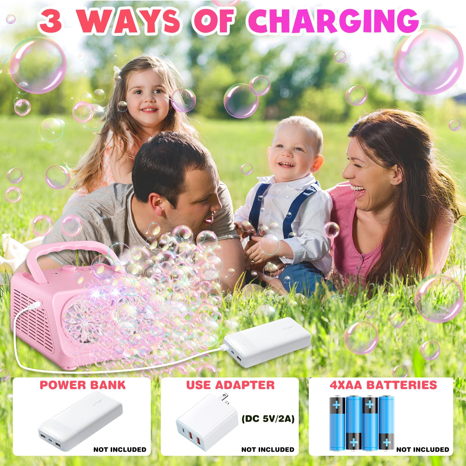 WELL WITHYOU Bubble Machine, Upgraded Durable Bubble Blower | 18000+ Big Bubbles Per Minute for Kids Toddler, with 2 Speed, Plug-in or Battery Powered, for Indoor Outdoor Birthday Parties, Pink