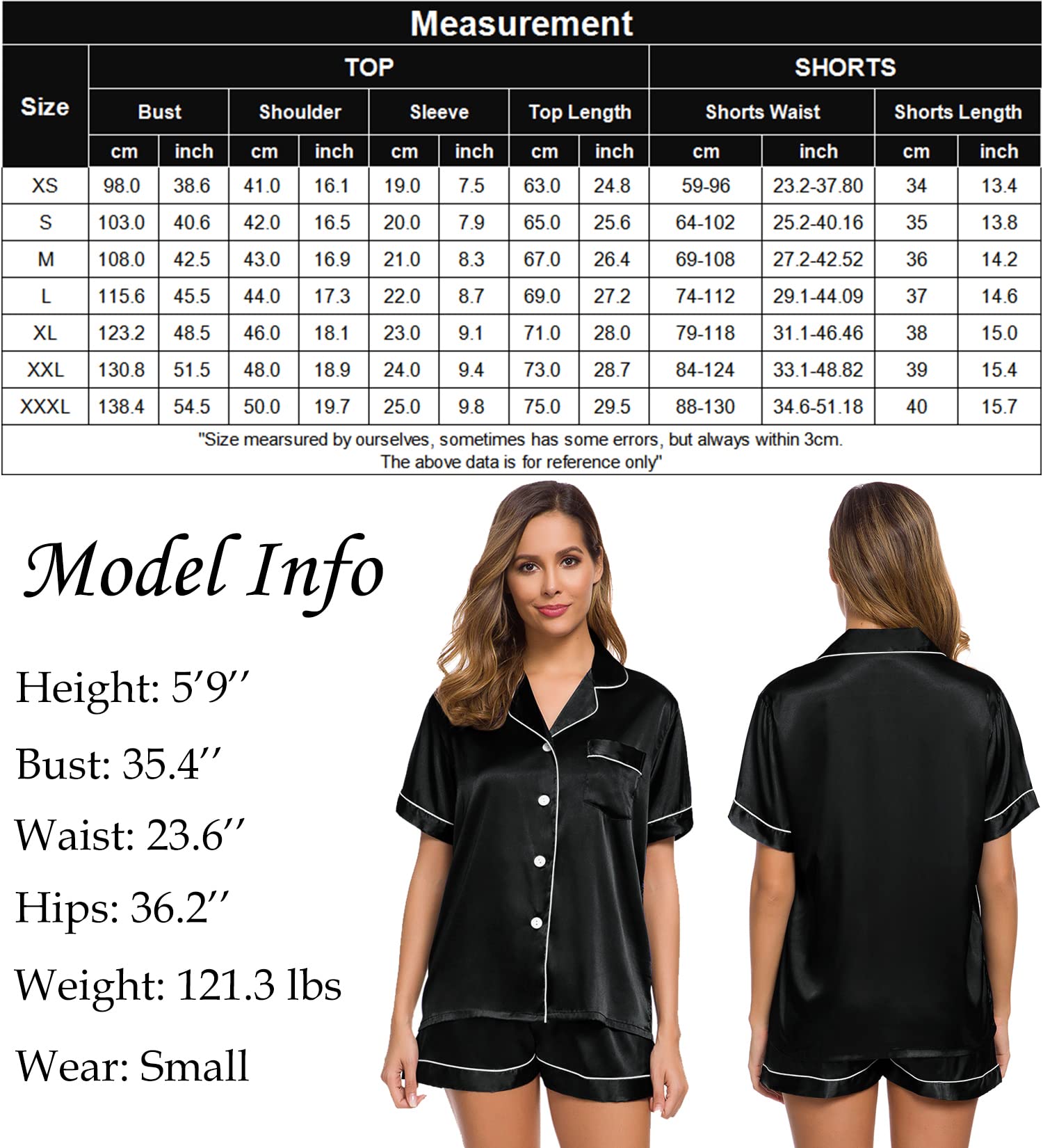 SWOMOG Womens Silk Satin Pajamas Set Two-Piece Pj Sets Sleepwear Loungewear Button-Down Pj Sets Black