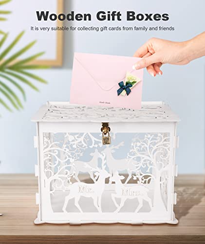 BestYiJo Wedding Card Box With Locks, Large Vintage Diy Gift Box For Wedding Reception Anniversary Baby Gift, Money Box, 11.8 X 9.5 X 8.9 (White)