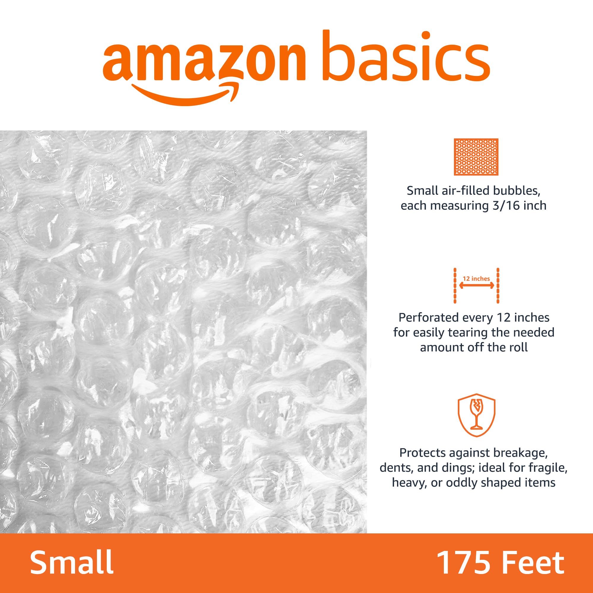 Amazon Basics Perforated Bubble Cushioning Wrap - Small 3/16", 12-Inch x 175-Foot Long Roll
