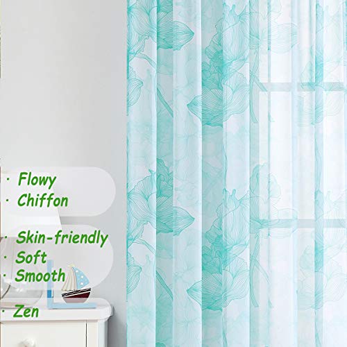 Treatmentex White Blue Print Sheer Window Curtains for Living Room Bedroom Floral Botanical 96 inches Long Soft Chiffon Drapes for Summer Semi Sheer Curtains 2 Panels Rod Pocket Aqua