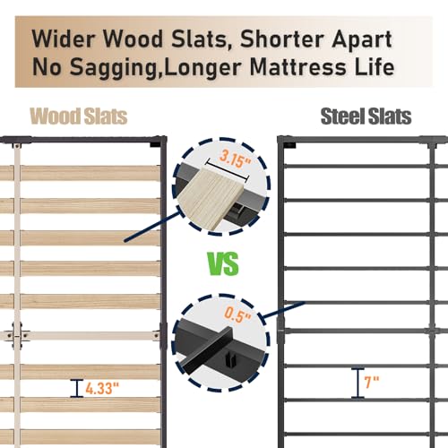 Cleaniago California King Bed Frame, 3" Wide Wood Slats with 3500lbs Support for Mattress, No Sagging, No Slip, No Box Spring Needed, Noise Free, Anti-Slip, Easy Assembly, Black-16 Inch Tall