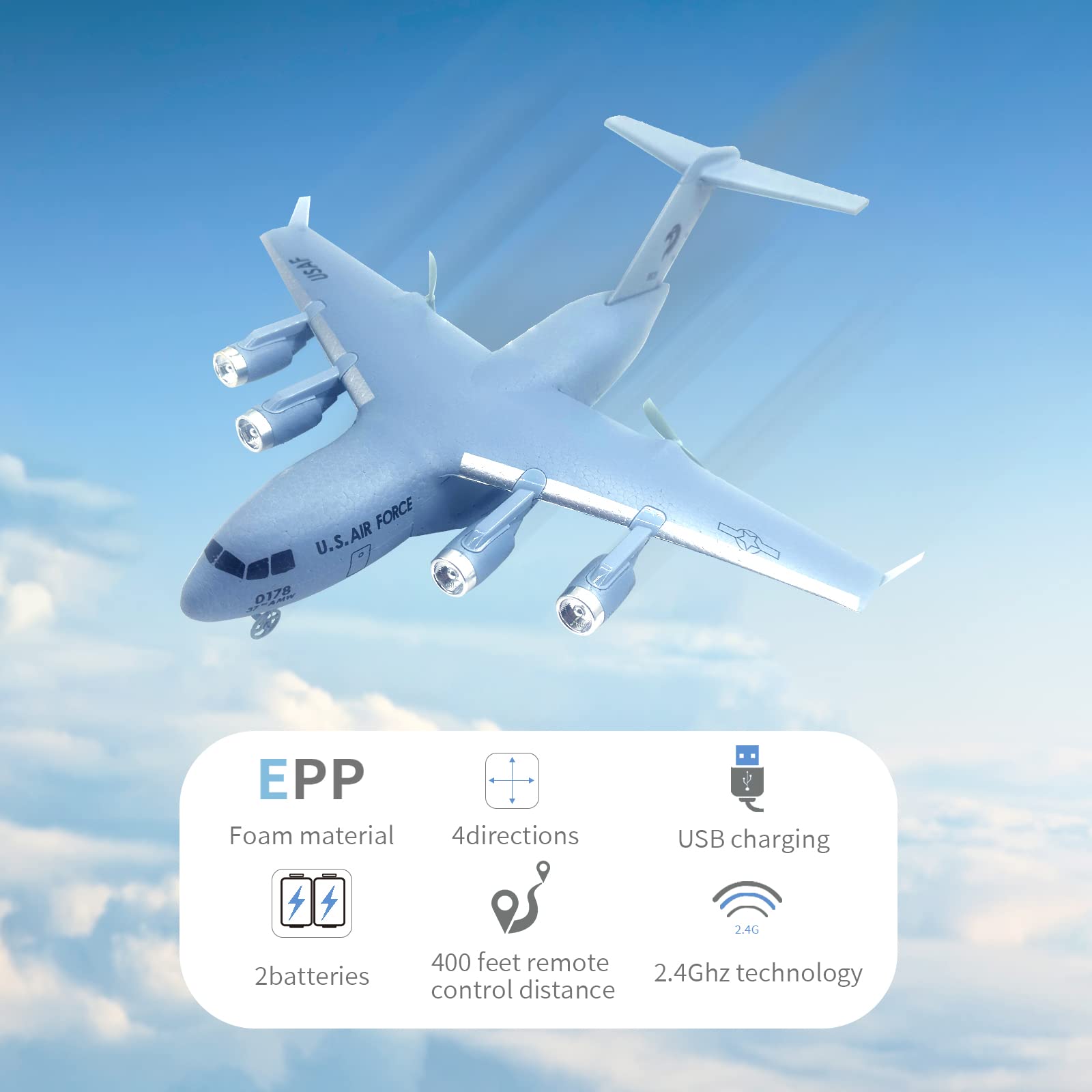 Eayaele RC Plane C-17 Remote Control Airplane Transport Ready to Fly 2 CH Toy for Kids Boys (Grey)