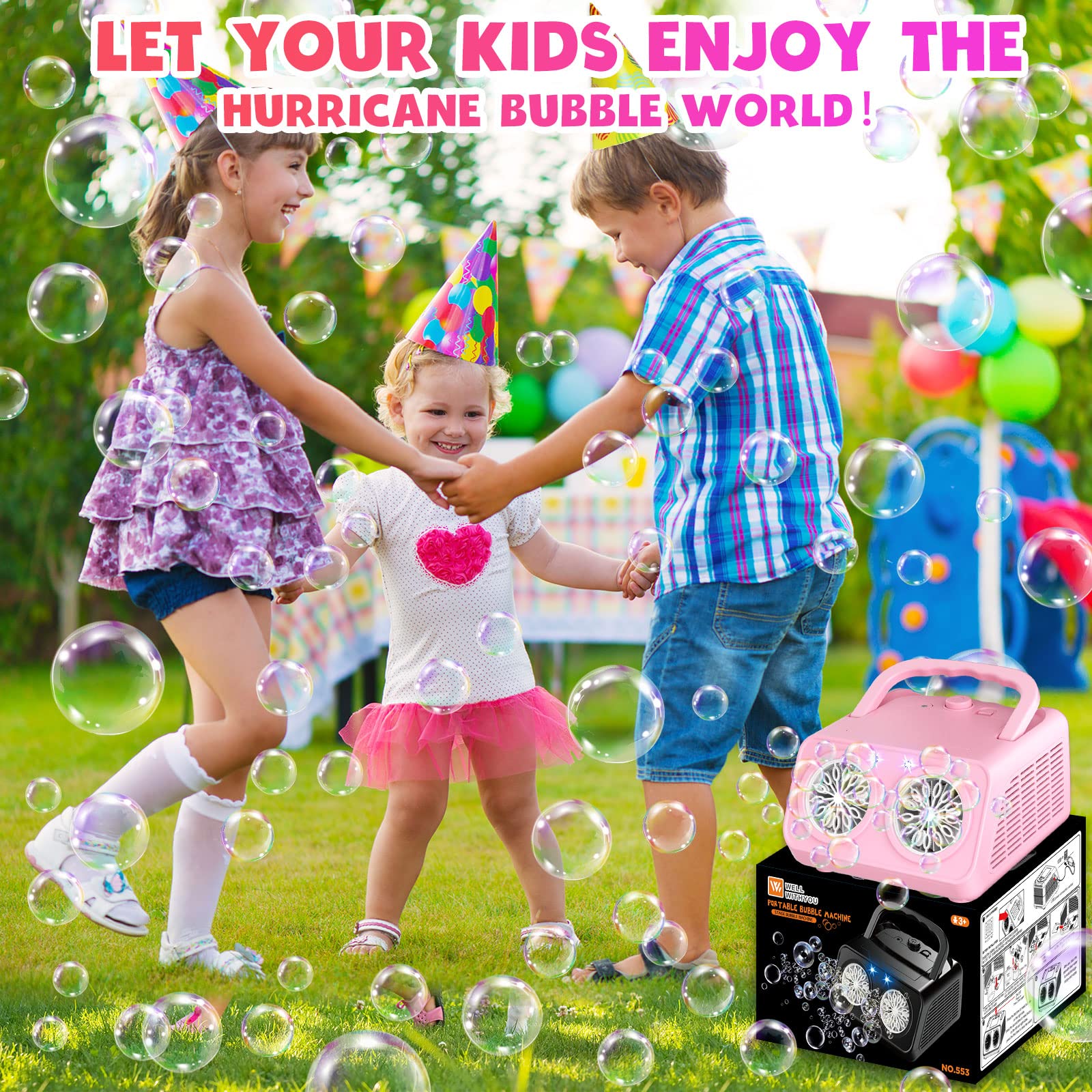 WELL WITHYOU Bubble Machine, Upgraded Durable Bubble Blower | 18000+ Big Bubbles Per Minute for Kids Toddler, with 2 Speed, Plug-in or Battery Powered, for Indoor Outdoor Birthday Parties, Pink