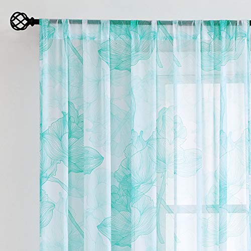 Treatmentex White Blue Print Sheer Window Curtains for Living Room Bedroom Floral Botanical 96 inches Long Soft Chiffon Drapes for Summer Semi Sheer Curtains 2 Panels Rod Pocket Aqua