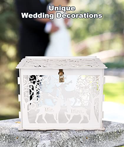 BestYiJo Wedding Card Box With Locks, Large Vintage Diy Gift Box For Wedding Reception Anniversary Baby Gift, Money Box, 11.8 X 9.5 X 8.9 (White)