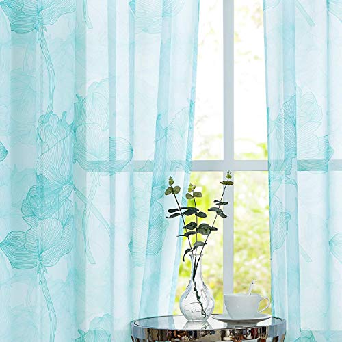 Treatmentex White Blue Print Sheer Window Curtains for Living Room Bedroom Floral Botanical 96 inches Long Soft Chiffon Drapes for Summer Semi Sheer Curtains 2 Panels Rod Pocket Aqua