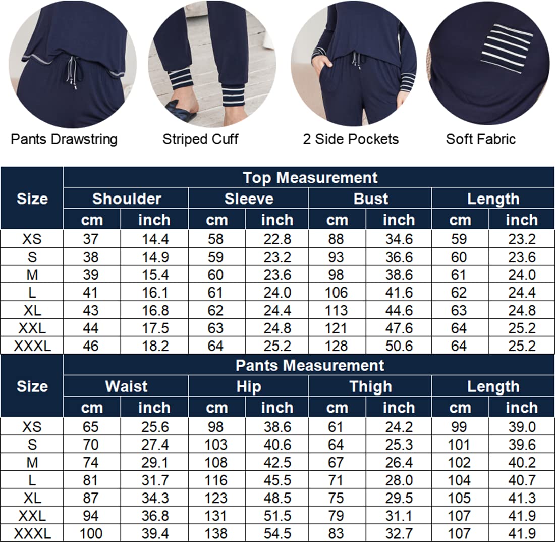 Ekouaer Pajamas Women's Long Sleeve Pj Set Soft 2 Piece Loungewear Sleepwear with Jogger Pants Navy Blue,L