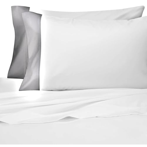 BEDLAM 100% Cotton Sheets - Hotel Style, Luxurious, 800TC White Cotton Sheets with a Grey Italian Border - 6pc Sateen Bed Sheets Set, Includes 4 Cotton Pillowcases - Queen Size Sateen Cotton Sheet Set