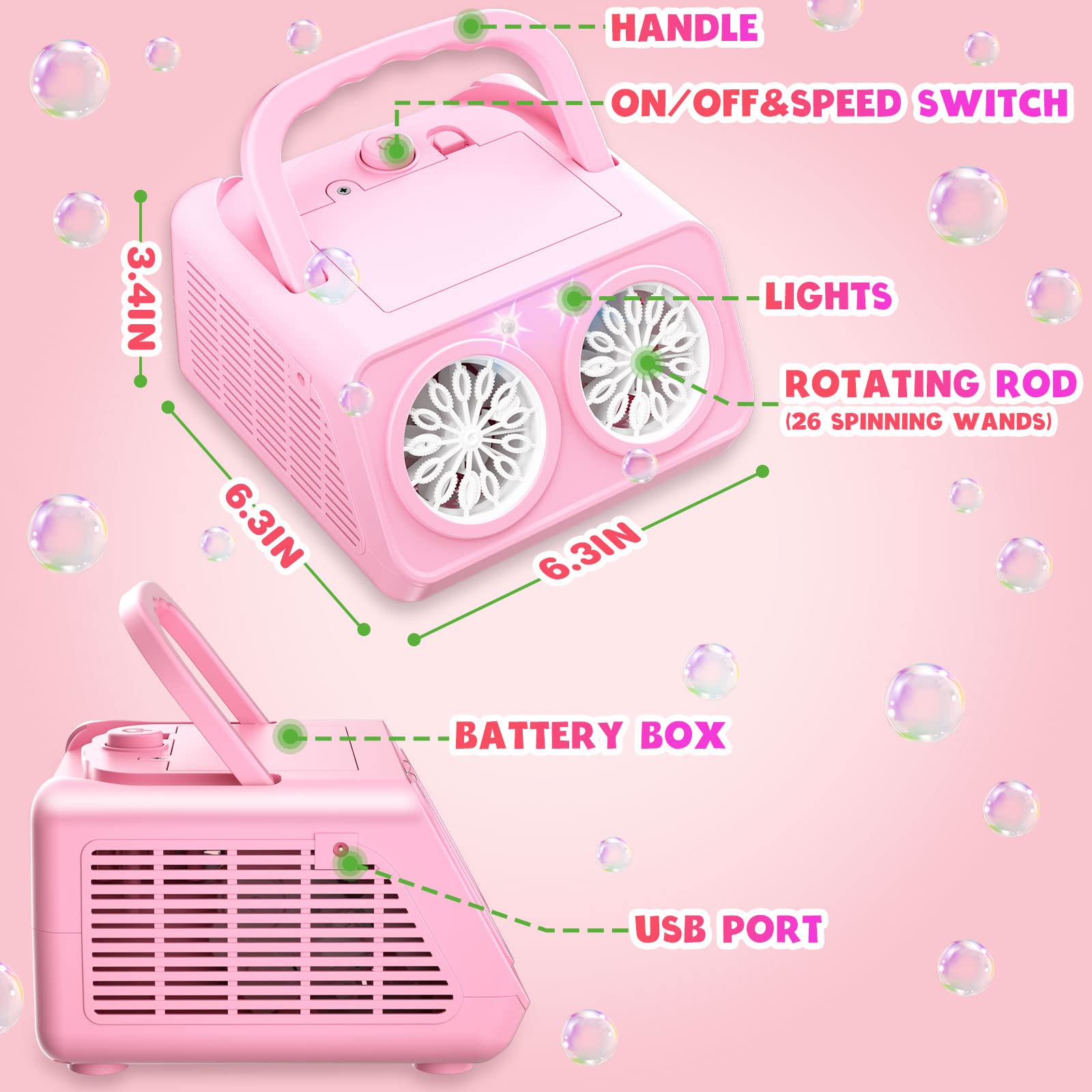 WELL WITHYOU Bubble Machine, Upgraded Durable Bubble Blower | 18000+ Big Bubbles Per Minute for Kids Toddler, with 2 Speed, Plug-in or Battery Powered, for Indoor Outdoor Birthday Parties, Pink