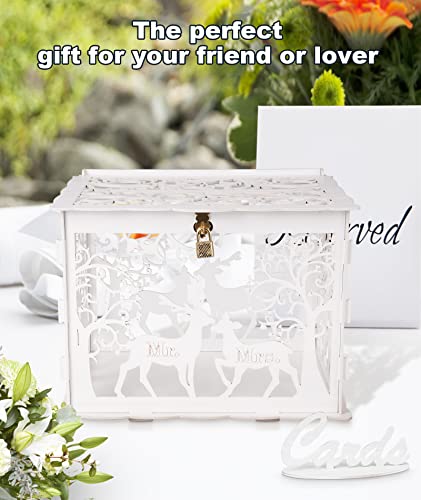 BestYiJo Wedding Card Box With Locks, Large Vintage Diy Gift Box For Wedding Reception Anniversary Baby Gift, Money Box, 11.8 X 9.5 X 8.9 (White)