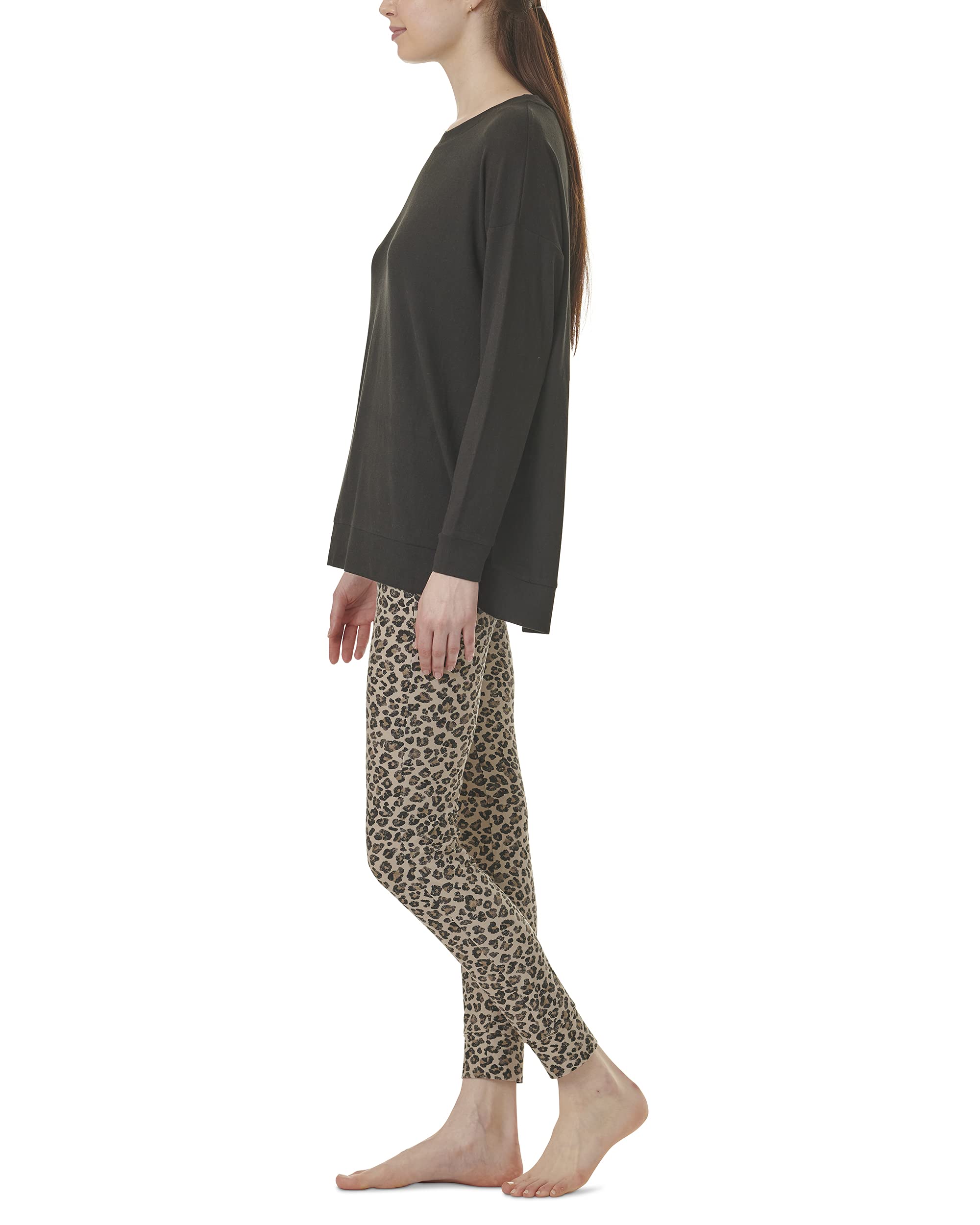 Splendid Women's Long Sleeve Lounge Top and Cozy Bottom Pant Pajama Set Pj, Black Leopard, Small