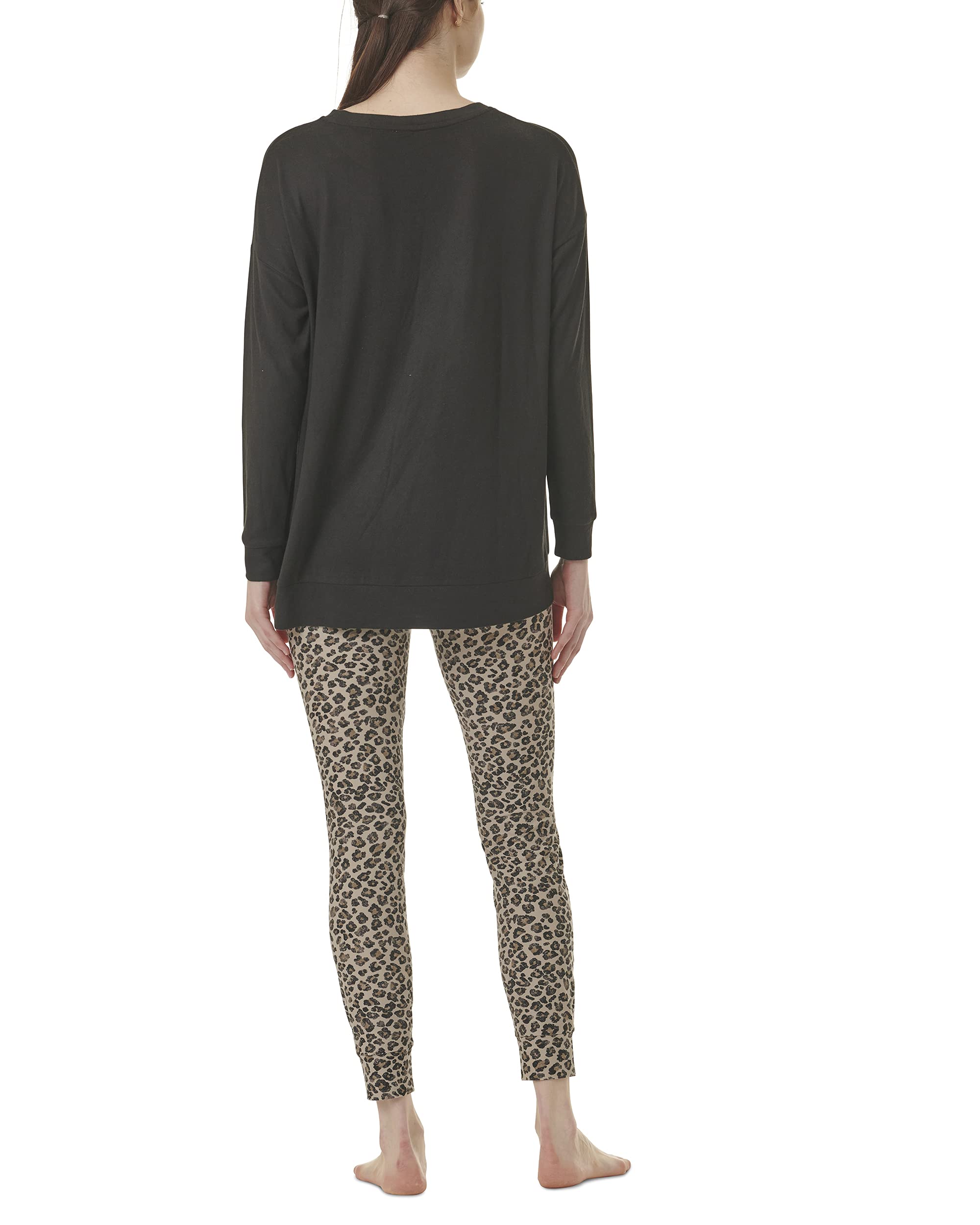 Splendid Women's Long Sleeve Lounge Top and Cozy Bottom Pant Pajama Set Pj, Black Leopard, Small