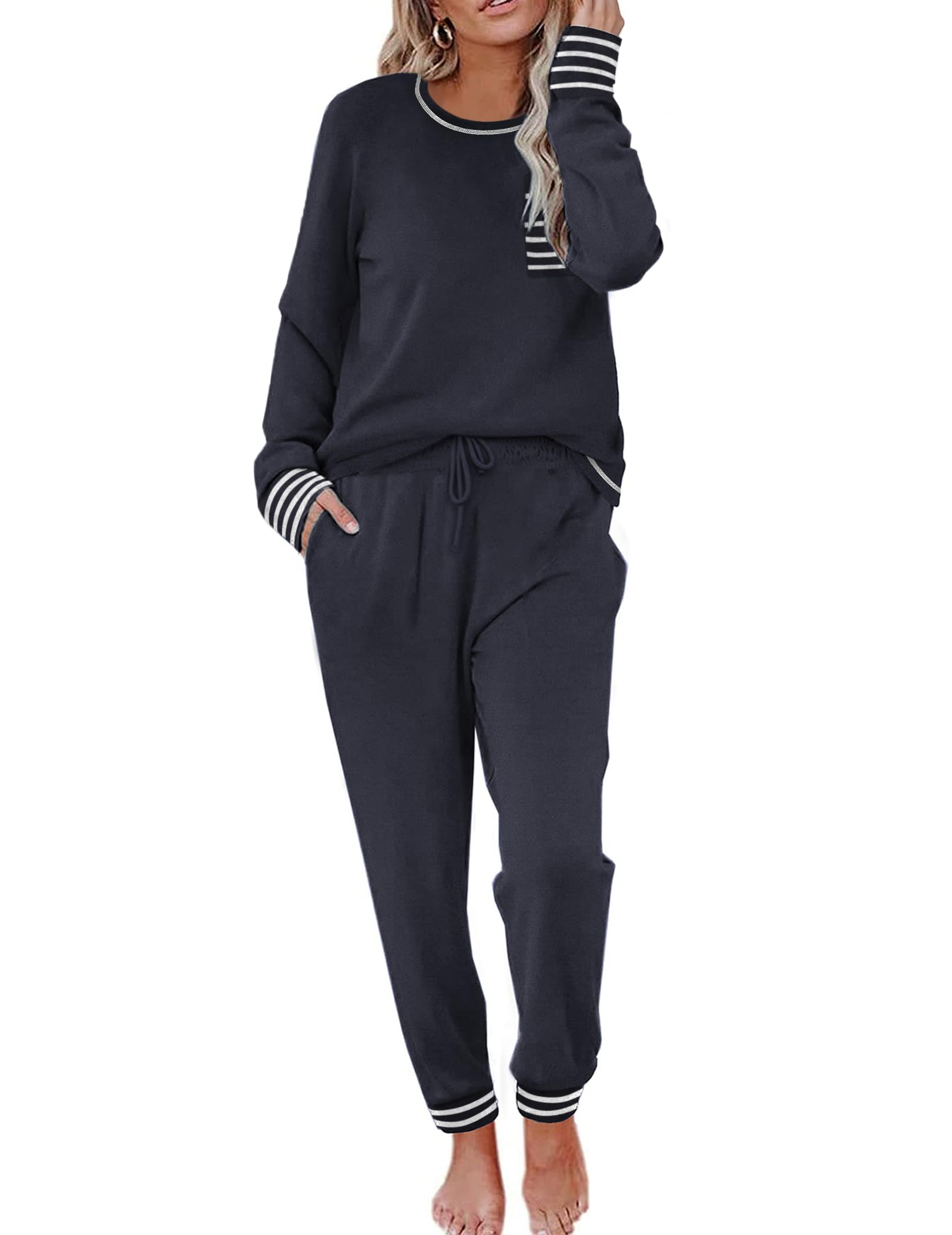 Ekouaer Pajamas Women's Long Sleeve Pj Set Soft 2 Piece Loungewear Sleepwear with Jogger Pants Navy Blue,L