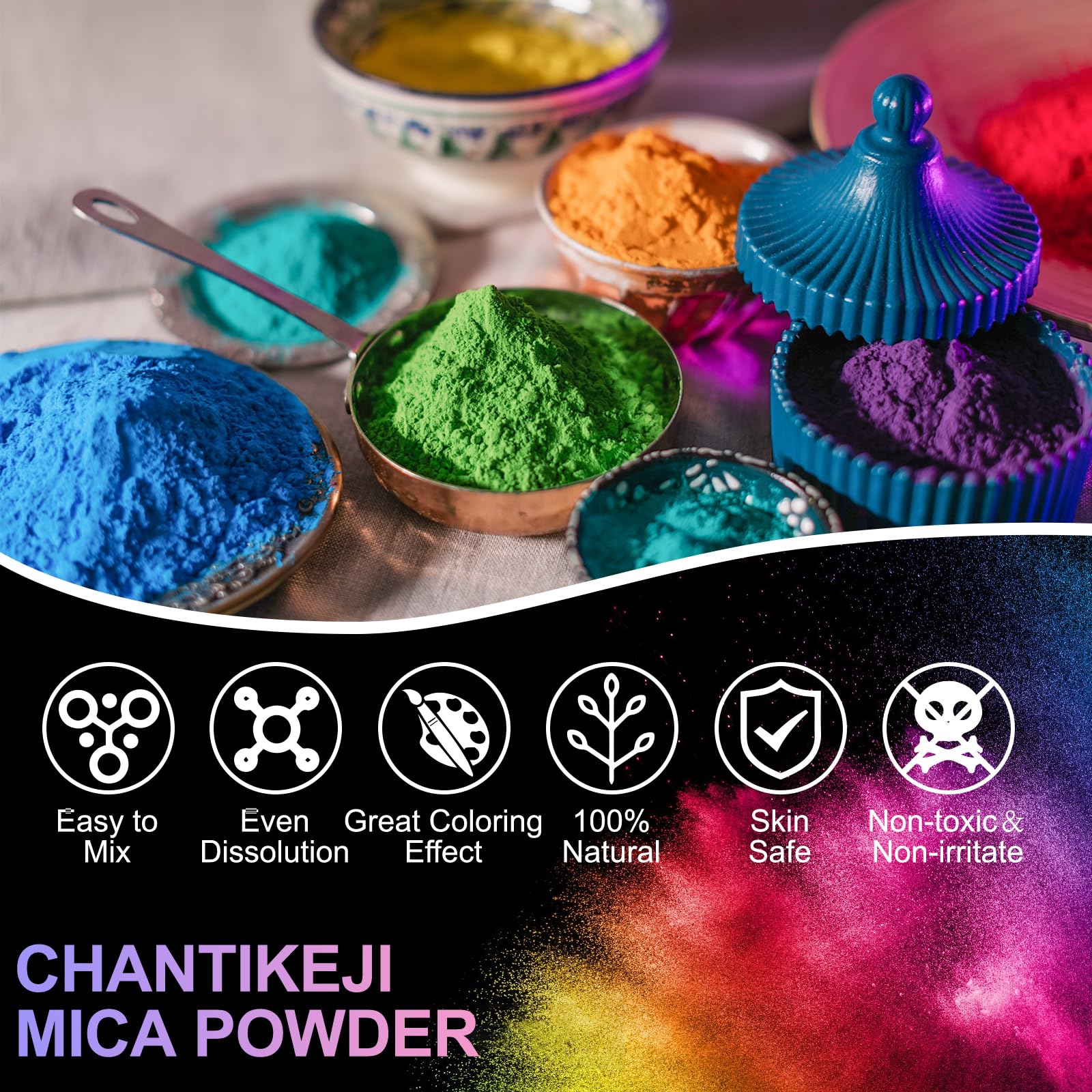 CHANGTIKEJI Mica Powder，63 Color-10g/Bottle of Natural Pigment Powder for Epoxy Resin，Lip Gloss，Eye Shadow,Paint, Dye,Soap Making,Nail Polish,Candle Making,Bath Bombs