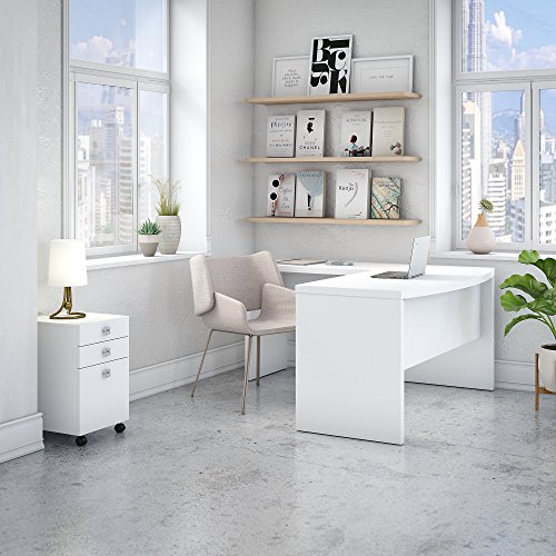 Bush Business Furniture Echo L Shaped Bow Front Desk with Mobile File Cabinet, Pure White