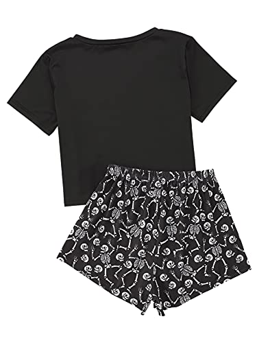 SweatyRocks Women's Cute Graphic Print Short Sleeve Crop Top with Shorts Pajama Set Black Skeleton XL
