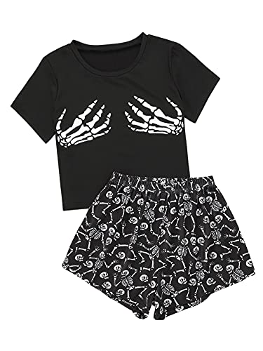SweatyRocks Women's Cute Graphic Print Short Sleeve Crop Top with Shorts Pajama Set Black Skeleton XL