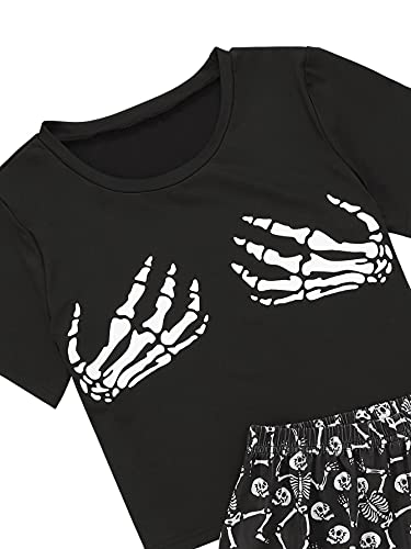 SweatyRocks Women's Cute Graphic Print Short Sleeve Crop Top with Shorts Pajama Set Black Skeleton XL