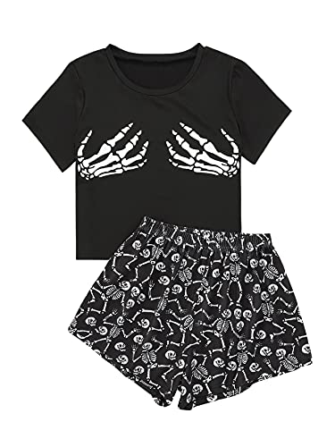 SweatyRocks Women's Cute Graphic Print Short Sleeve Crop Top with Shorts Pajama Set Black Skeleton XL