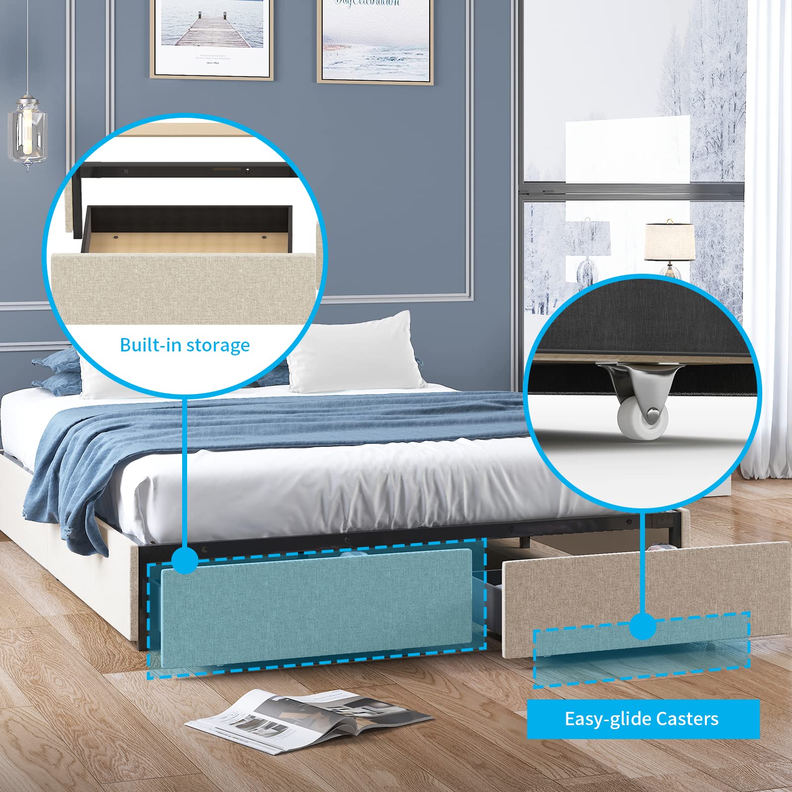 Mjkone California King Size Bed Frame with Storage Drawers, Linen Fabric Platform Bed Frame, Wood Slat Support Bed Frame, No Box Spring Needed/No Headboard/Easy Assembly/Noiseless - Beige