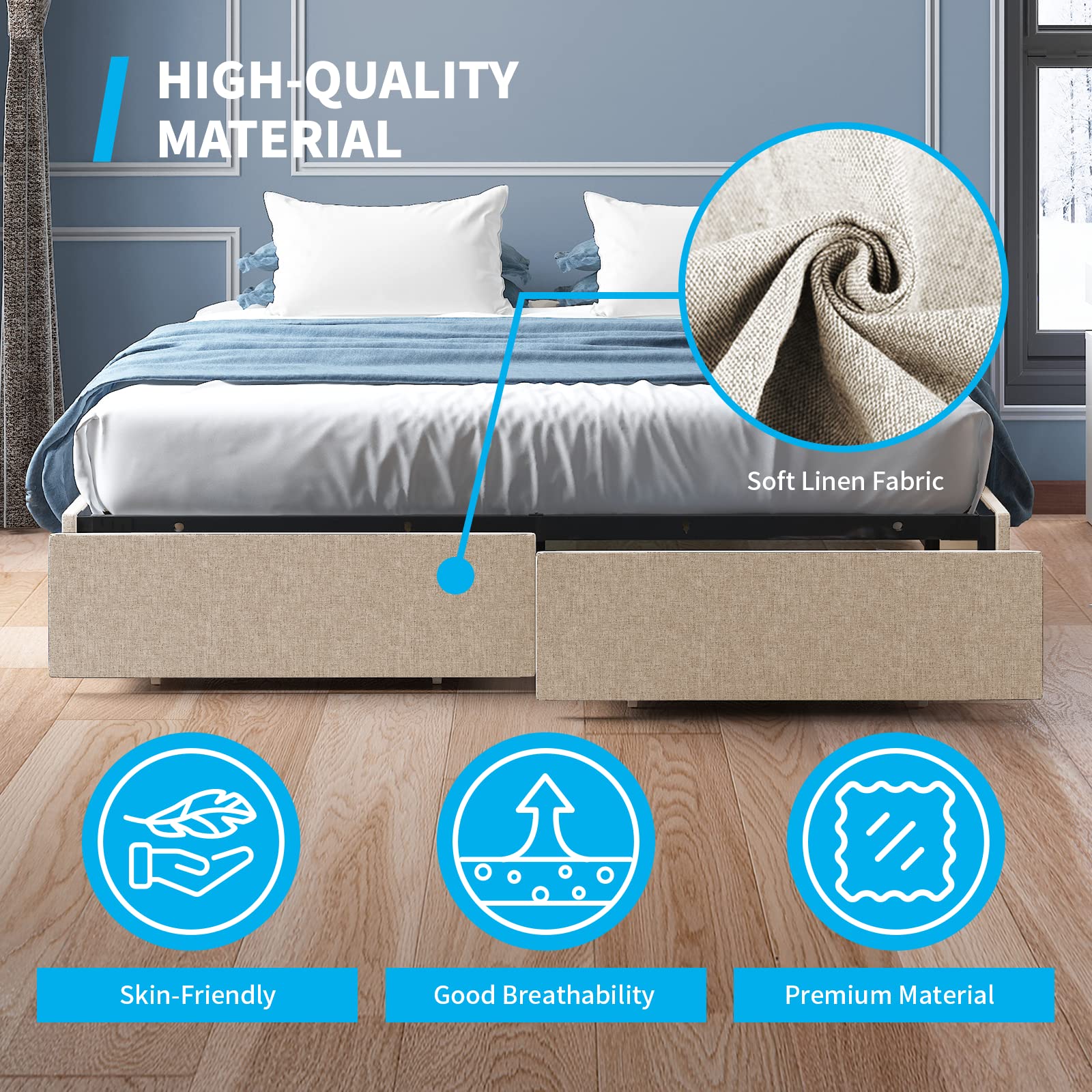 Mjkone California King Size Bed Frame with Storage Drawers, Linen Fabric Platform Bed Frame, Wood Slat Support Bed Frame, No Box Spring Needed/No Headboard/Easy Assembly/Noiseless - Beige