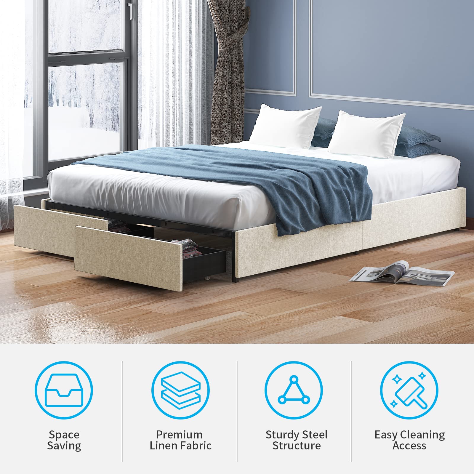 Mjkone California King Size Bed Frame with Storage Drawers, Linen Fabric Platform Bed Frame, Wood Slat Support Bed Frame, No Box Spring Needed/No Headboard/Easy Assembly/Noiseless - Beige