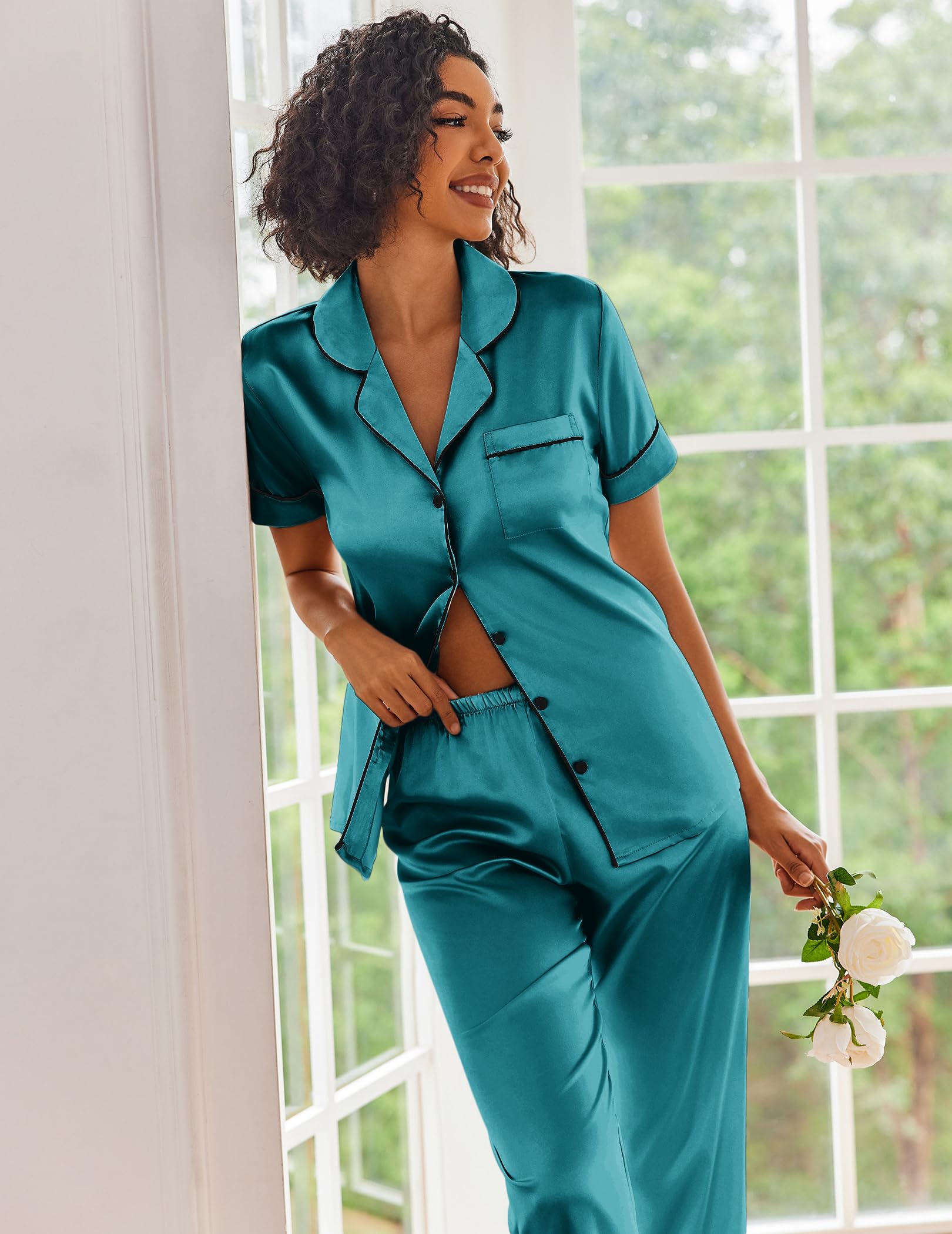 Ekouaer Silk Satin Pajamas Set Women Short Sleeve Sleepwear Soft Button Down Loungewear Pjs Set Dark Green Small