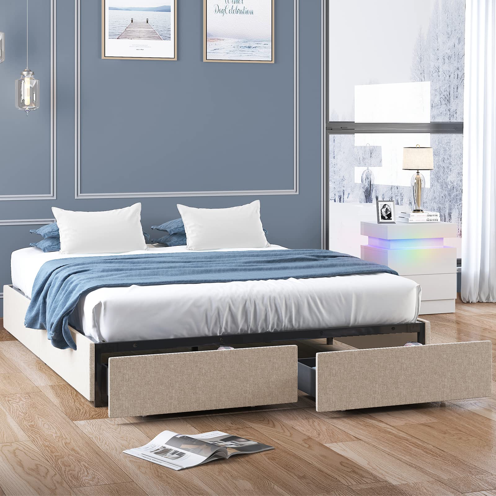 Mjkone California King Size Bed Frame with Storage Drawers, Linen Fabric Platform Bed Frame, Wood Slat Support Bed Frame, No Box Spring Needed/No Headboard/Easy Assembly/Noiseless - Beige
