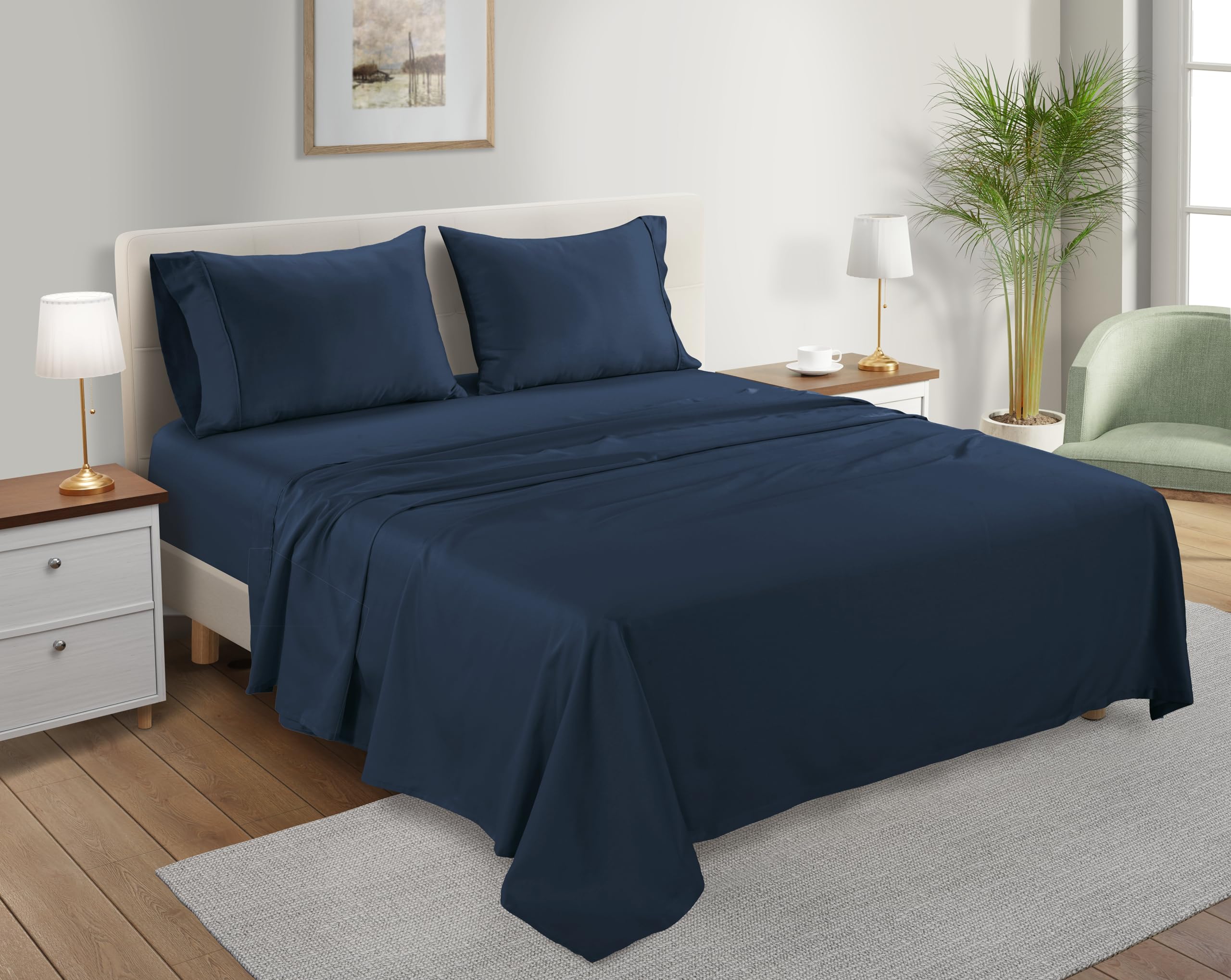 100% Organic Cotton Twin Sheet Set & Standard Pillowcases Set of 2 Combo- 300 Thread Count Long Staple Cotton Sheets,3 Pc Twin Size Sheets & Standard Pillowcases Sateen Sheets Breathable - Dark Denim