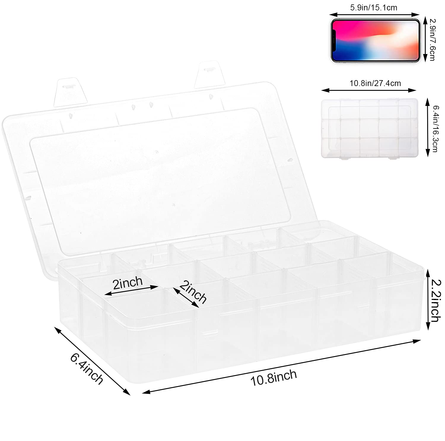 15 Grids Plastic Compartment Container, Clear Storage Organizer Box Case with Adjustable Divider Removable Grid for Art DIY Crafts Jewelry Beads Fishing Hook