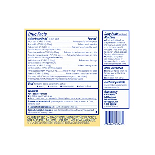 Boiron ColdCalm Tablets for Relief of Common Cold Symptoms Such as Sneezing, Runny Nose, Sore Throat, and Nasal Congestion - Non-Drowsy - 60 Count