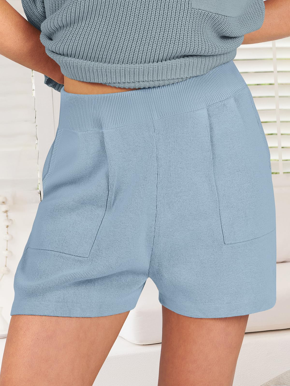 ANRABESS Women's Two Piece Summer Outfits Knit Sweater Short Sets Pullover Tops & Shorts Lounge Matching Clothes Set Sky Small