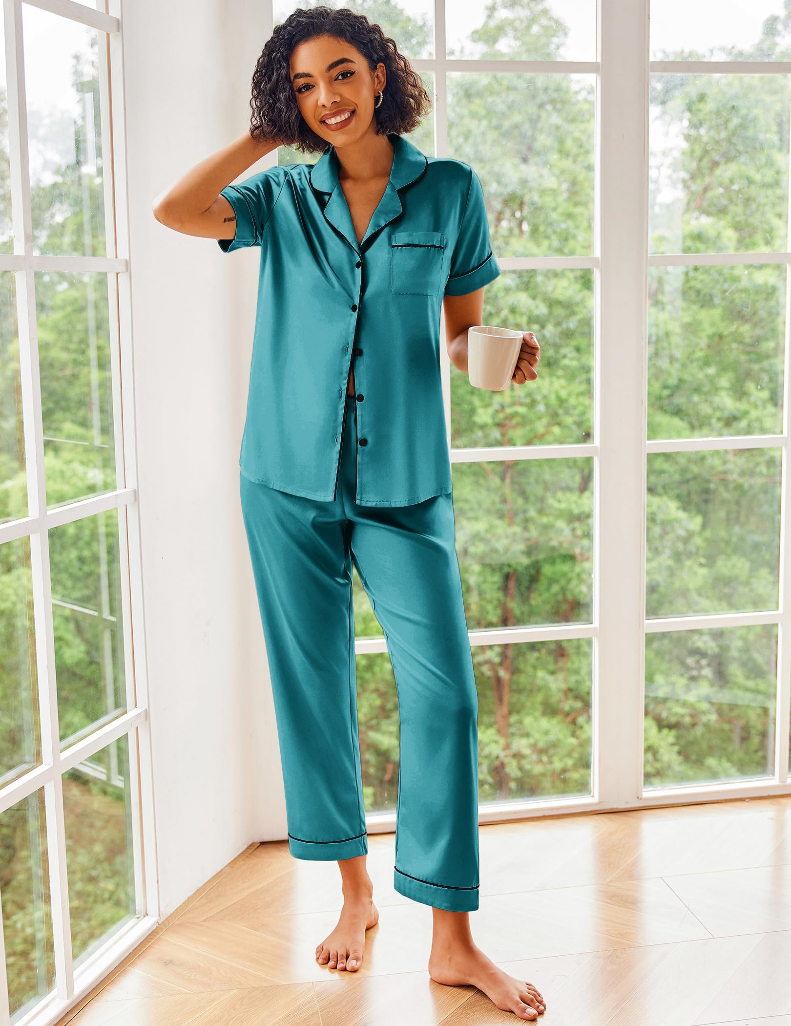 Ekouaer Silk Satin Pajamas Set Women Short Sleeve Sleepwear Soft Button Down Loungewear Pjs Set Dark Green Small