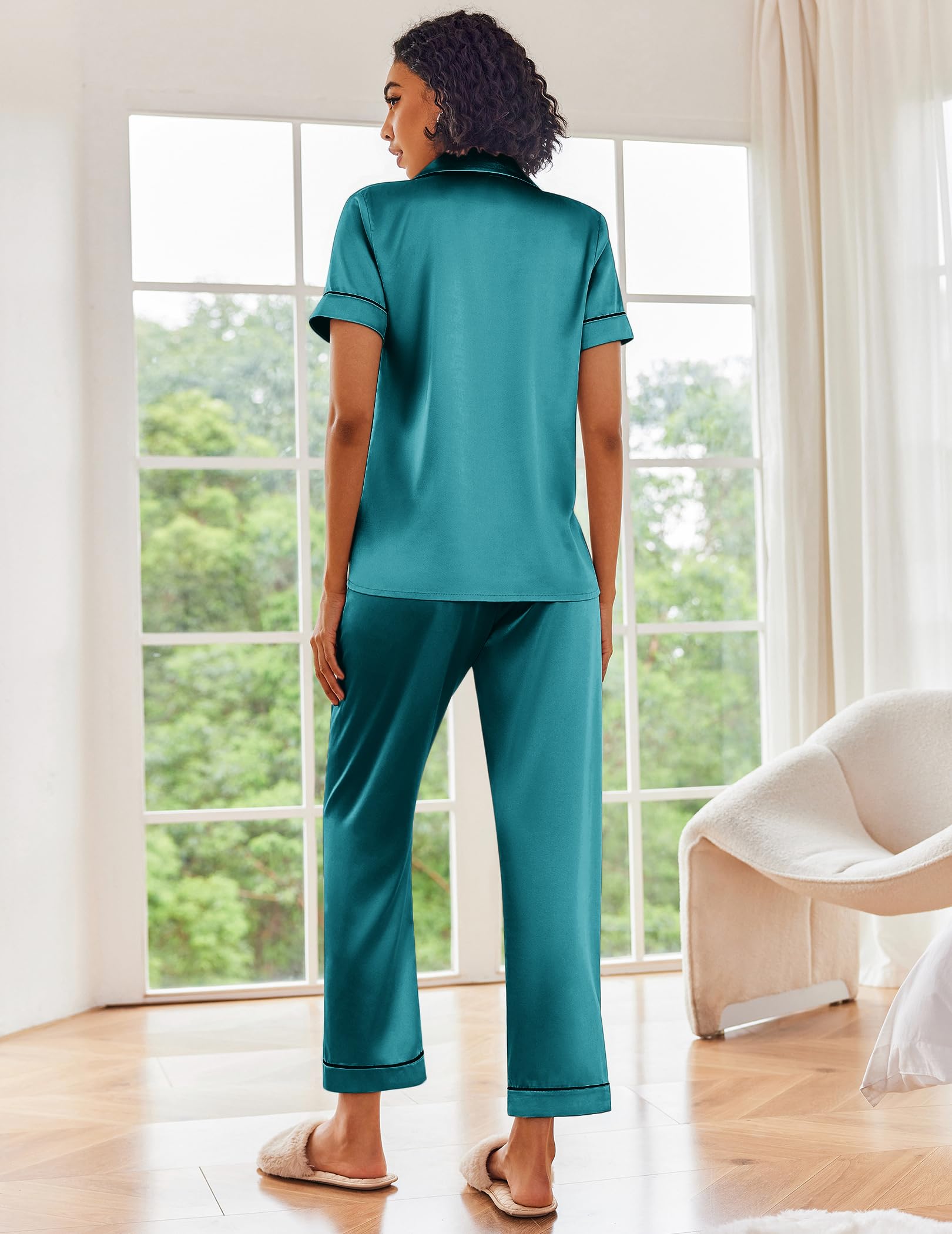 Ekouaer Silk Satin Pajamas Set Women Short Sleeve Sleepwear Soft Button Down Loungewear Pjs Set Dark Green Small