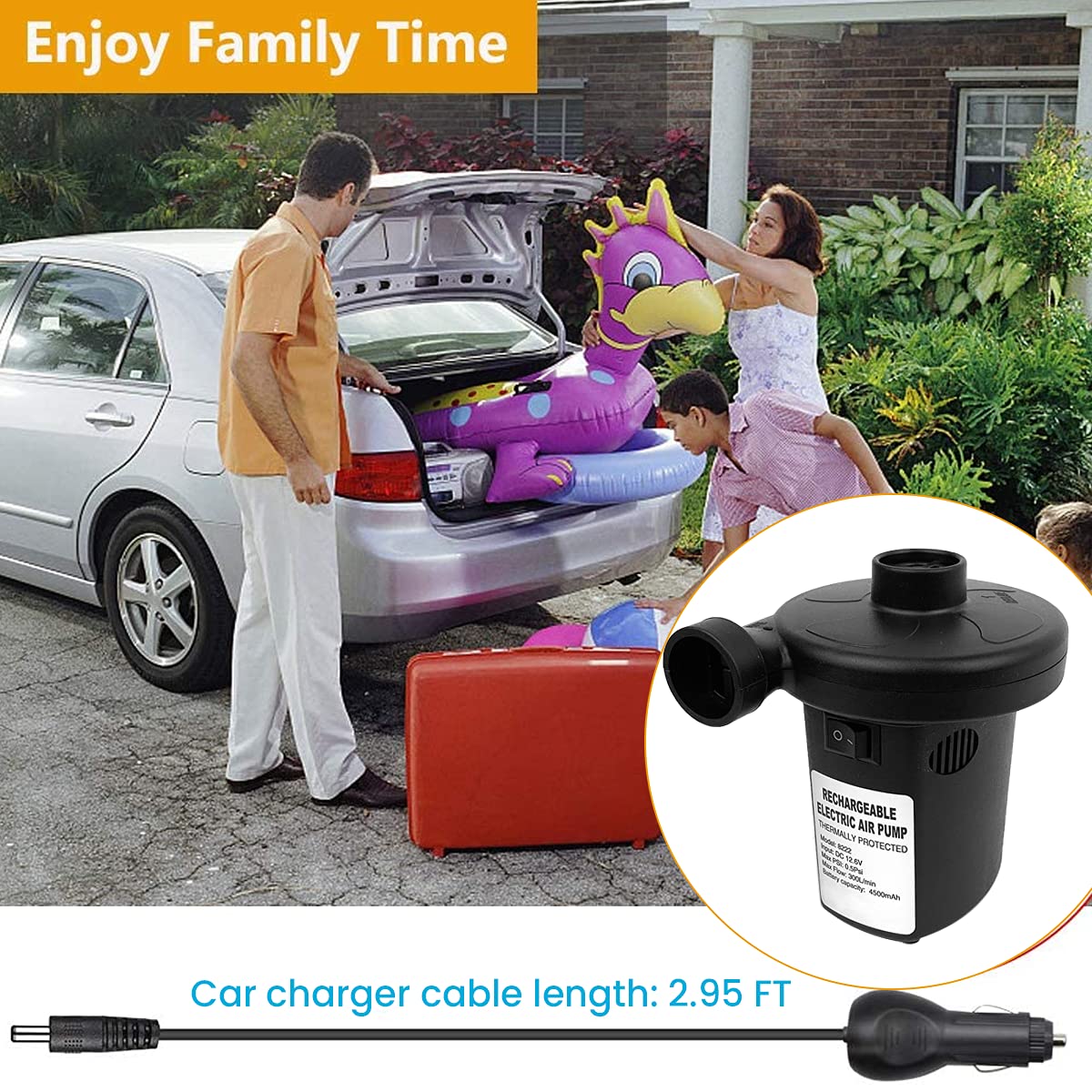 Portable Electric Battery Air Pump for Inflatables, Camping Air Mattress Pump with 3 Nozzles for Airbed Inflatable Pool Inflator Deflator Pump Car Adapter AC/DC Air Pump