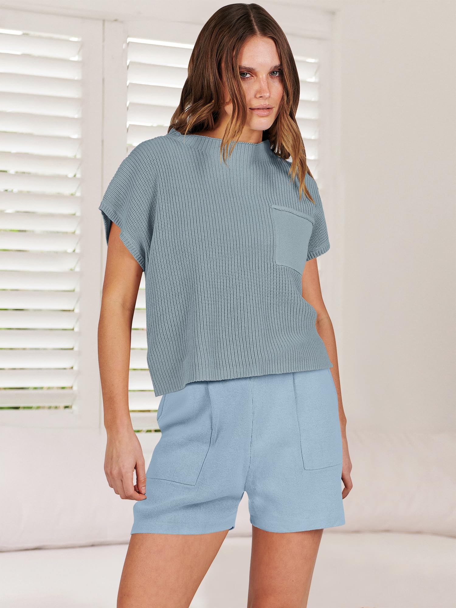 ANRABESS Women's Two Piece Summer Outfits Knit Sweater Short Sets Pullover Tops & Shorts Lounge Matching Clothes Set Sky Small