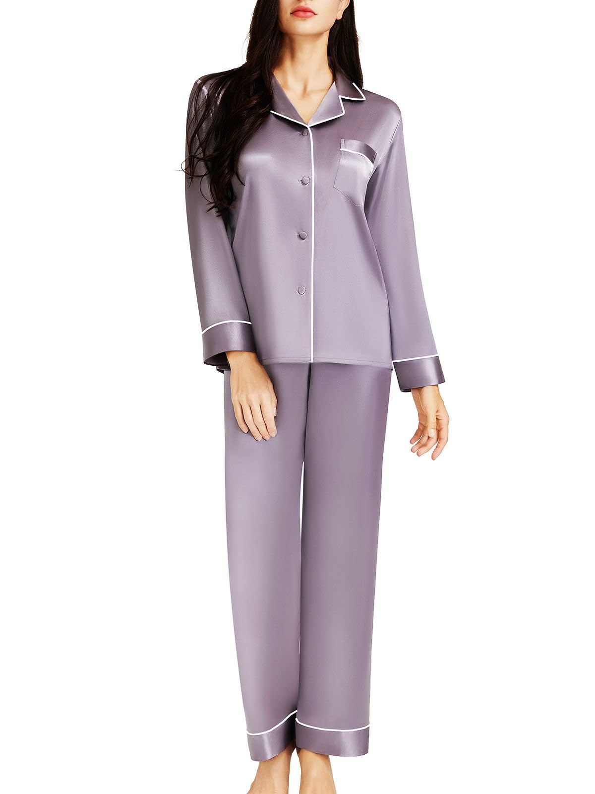 Lonxu Womens Silk Satin Pajamas Set Gray S