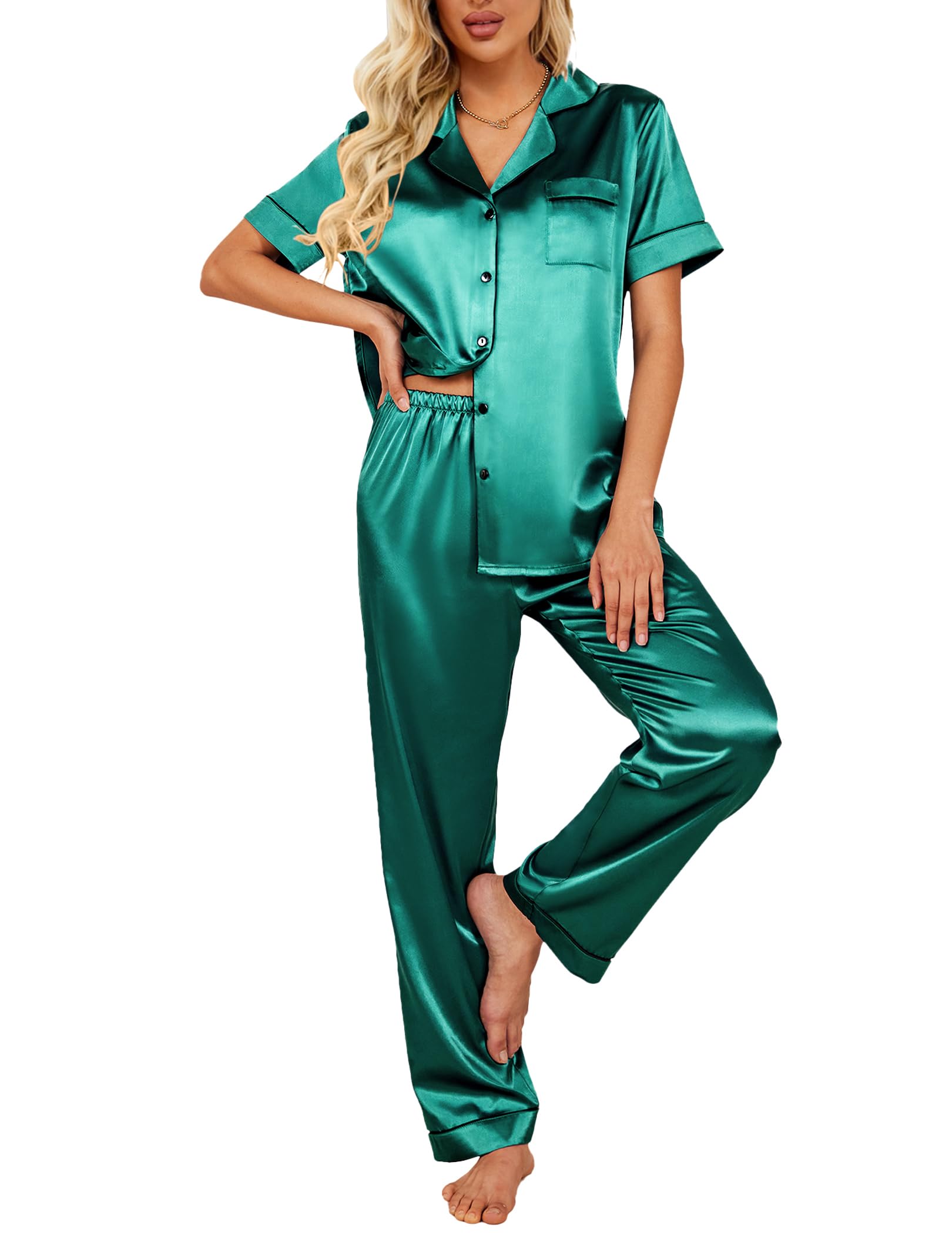 Ekouaer Silk Satin Pajamas Set Women Short Sleeve Sleepwear Soft Button Down Loungewear Pjs Set Dark Green Small