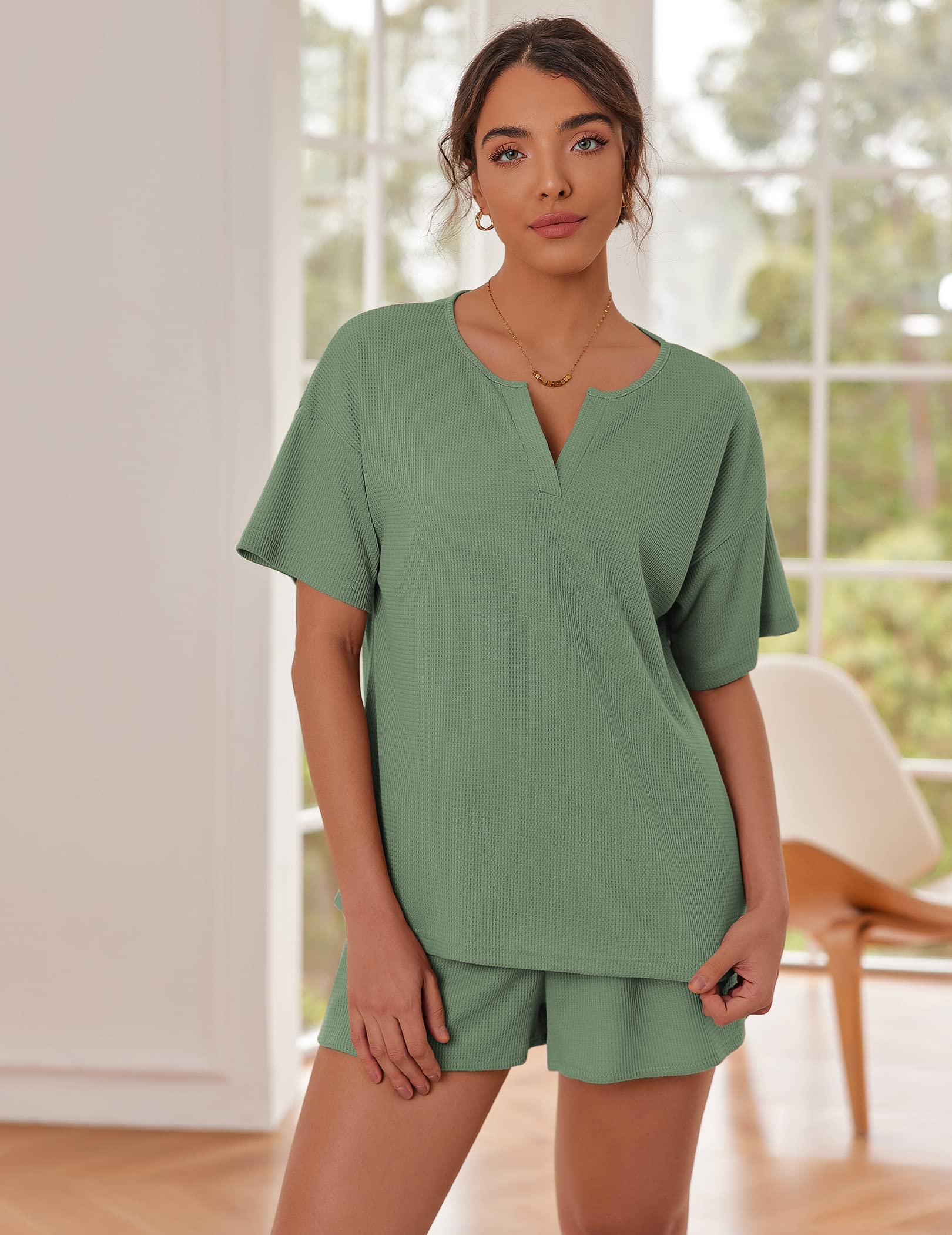 Ekouaer Waffle Knit Lounge Sets for Women 2 Piece Outfits Short Sleeve Top and Shorts Pajama Sets Tracksuit Sweatsuits Grey Green