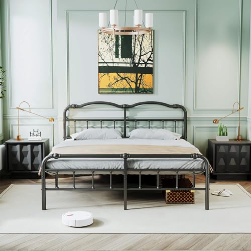 Breezehome California King Bed Frame with Headboard and Footboard, 18in High, Heavy Duty Metal Platform Bed Frame, Noise Free, Easy Assembly, No Box Spring Needed, Vintage Style, Black