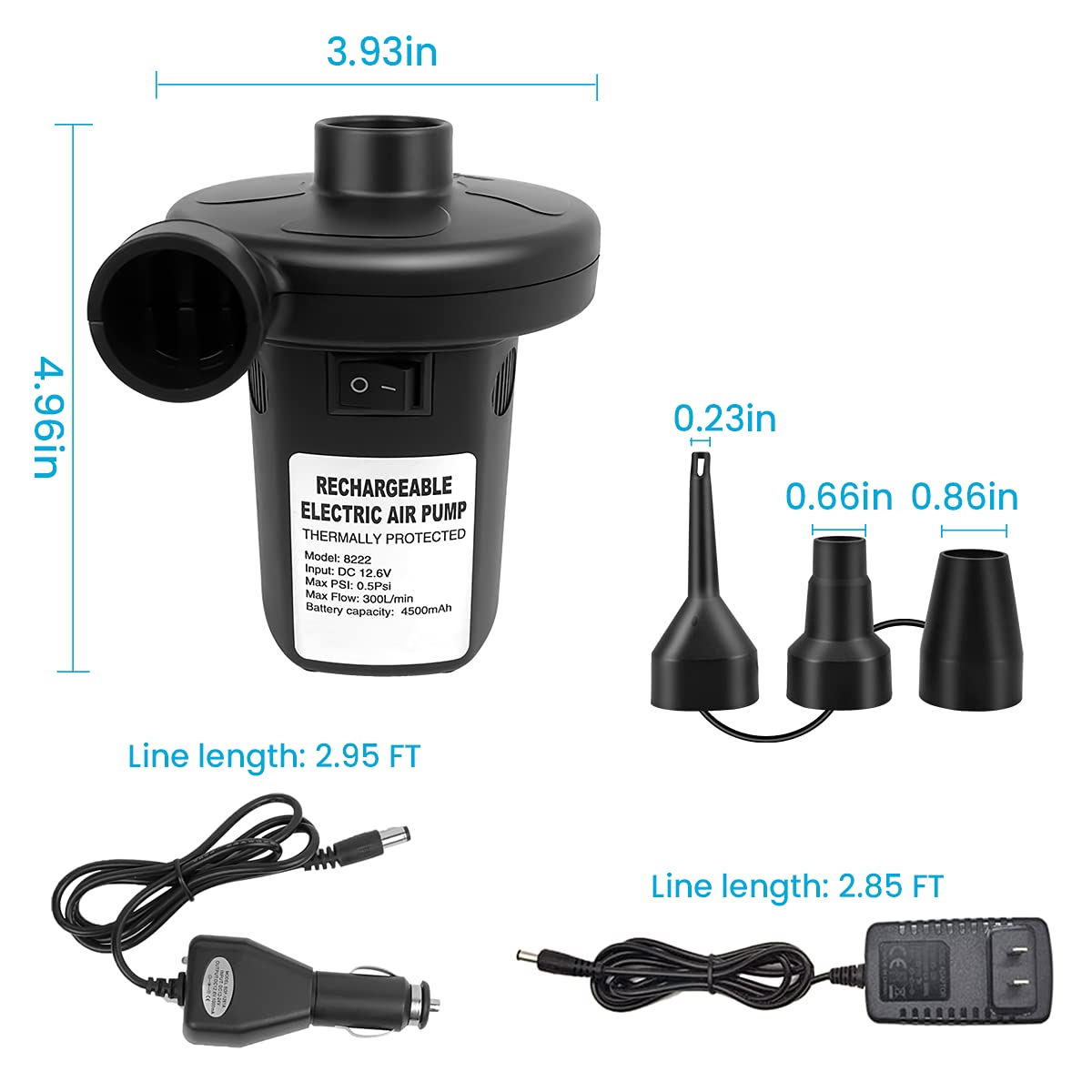 Portable Electric Battery Air Pump for Inflatables, Camping Air Mattress Pump with 3 Nozzles for Airbed Inflatable Pool Inflator Deflator Pump Car Adapter AC/DC Air Pump