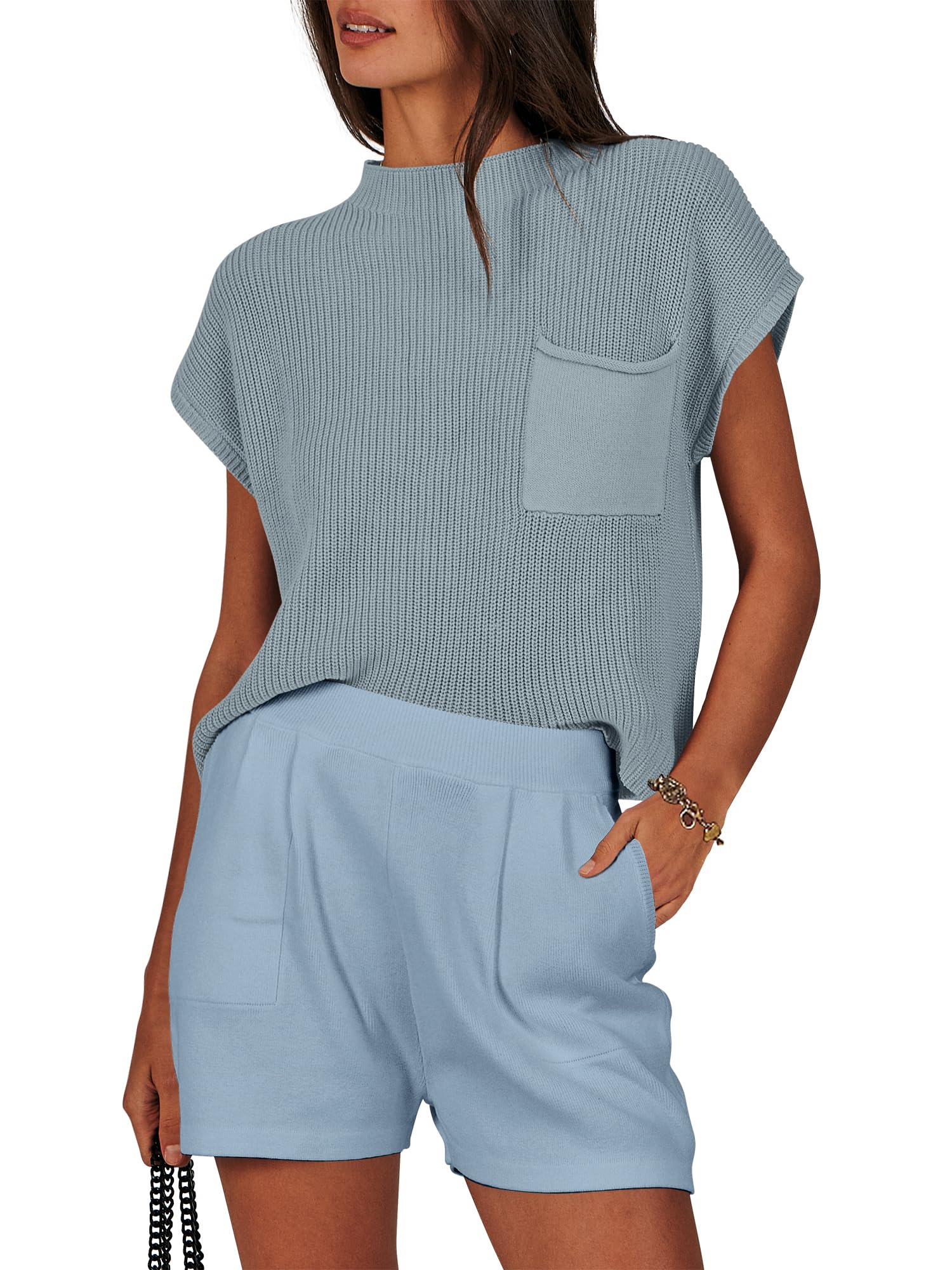 ANRABESS Women's Two Piece Summer Outfits Knit Sweater Short Sets Pullover Tops & Shorts Lounge Matching Clothes Set Sky Small