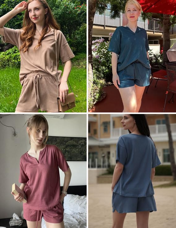 Ekouaer Waffle Knit Lounge Sets for Women 2 Piece Outfits Short Sleeve Top and Shorts Pajama Sets Tracksuit Sweatsuits Grey Green