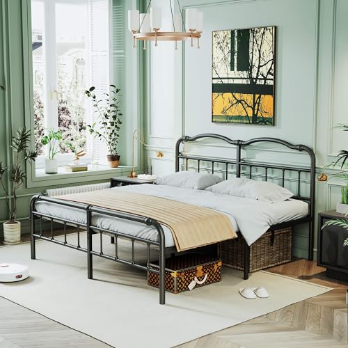 Breezehome California King Bed Frame with Headboard and Footboard, 18in High, Heavy Duty Metal Platform Bed Frame, Noise Free, Easy Assembly, No Box Spring Needed, Vintage Style, Black