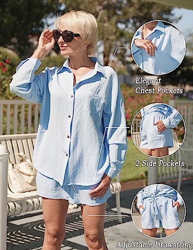 Ekouaer Women Pajama Sets 2 Piece Summer Lounge Sets utton Down Shirts and Casual Shorts with Pockets,Light Blue Large