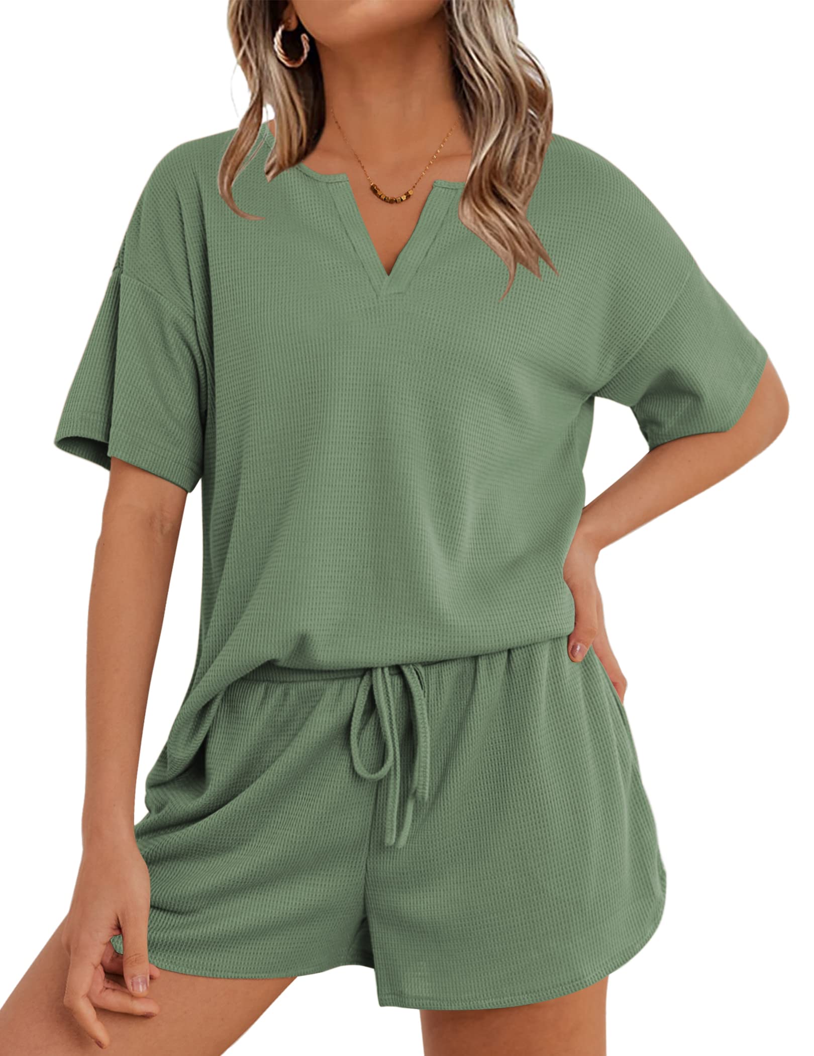Ekouaer Waffle Knit Lounge Sets for Women 2 Piece Outfits Short Sleeve Top and Shorts Pajama Sets Tracksuit Sweatsuits Grey Green