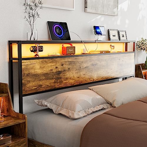 AOVSA California King Size Storage Headboard with Charging Station - 2 Outlets & 2 USB Ports(1 Type C - LED Lights Storage Headboard, Industrial Cal King Headboard Only, Attach Frame - Rustic Brown